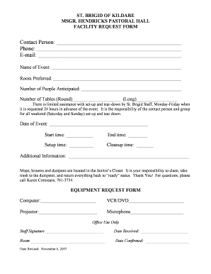 Fillable Online stbrigidofkildare Hendricks Hall Request Form v201107 ...