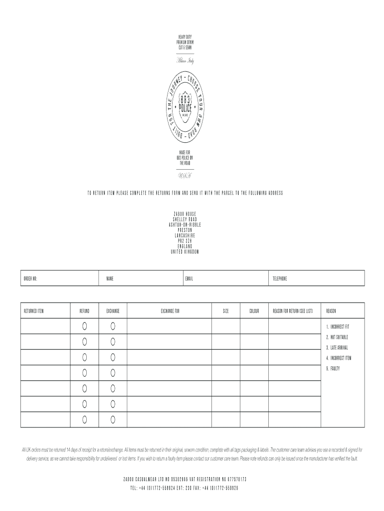 Fillable Online TO RETURN ITEM PLEASE COMPLETE THE ReTURNS FORM AND ...