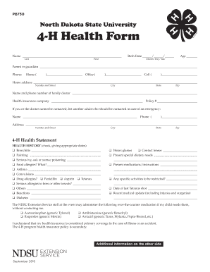 Fillable Online ndsu 4-H Health Form - North Dakota State University ...