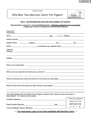 Fillable Online contestant information and entry form - Kentucky ...