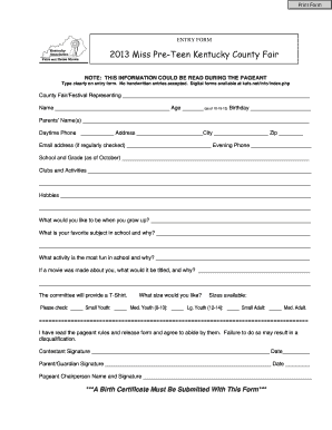 Fillable Online 2013 Pre-Teen pageant entry form new 5-22-2013 Fax ...
