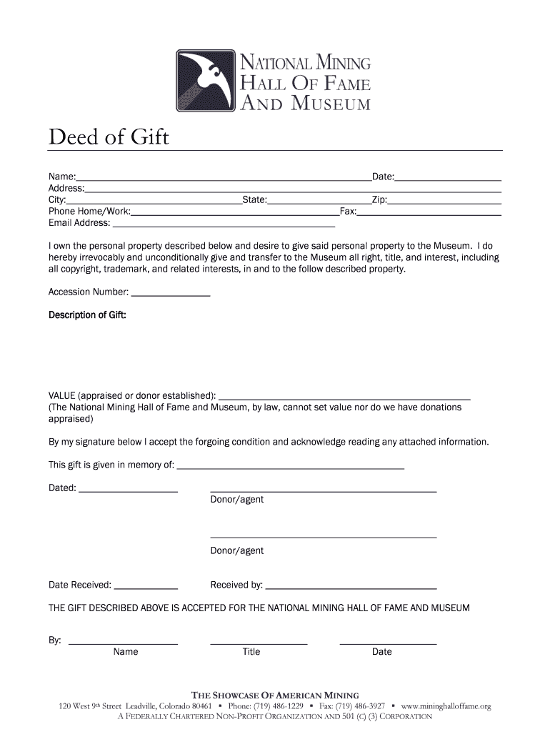Fillable Online mininghalloffame Deed of Gift - National Mining Hall of ...