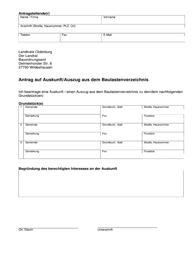 Fillable Online landkreis-oldenburg Antrag auf Auskunft/Auszug aus dem Baulastenverzeichnis Fax ...