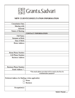 Fillable Online NEW CLIENT/CONSULTATION INFORMATION - Grant & Sadvari ...