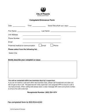 Fillable Online phoenix Complaint/Grievance Form - Phoenix, Arizona Fax Email Print - pdfFiller