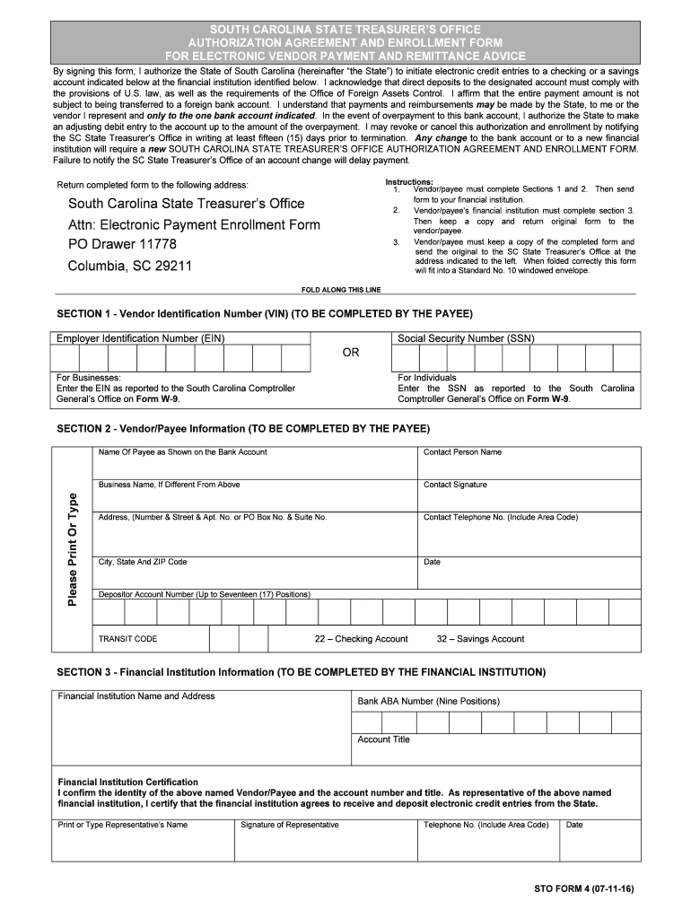 Fillable Online treasurer sc Electronic Vendor Payment Enrollment Form ...