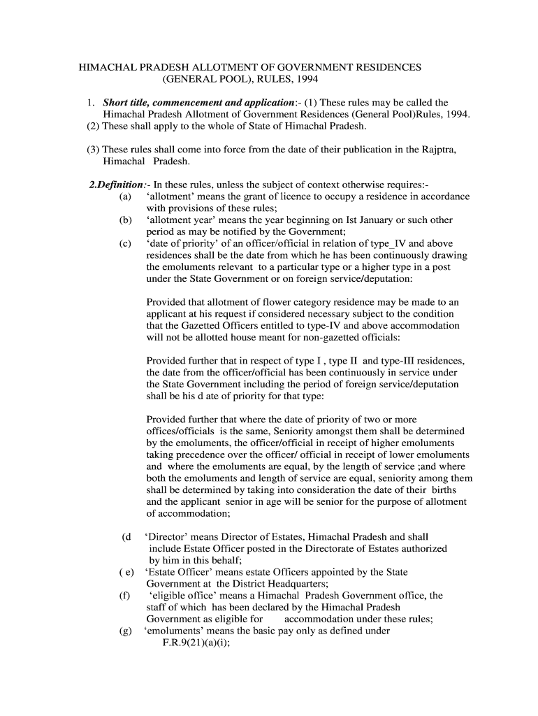Fillable Online HIMACHAL PRADESH ALLOTMENT OF GOVERNMENT RESIDENCES Fax ...