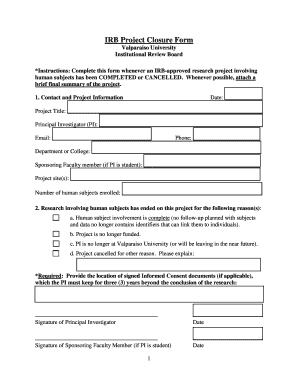 Fillable Online valpo IRB Project Closure Form - Valparaiso University ...