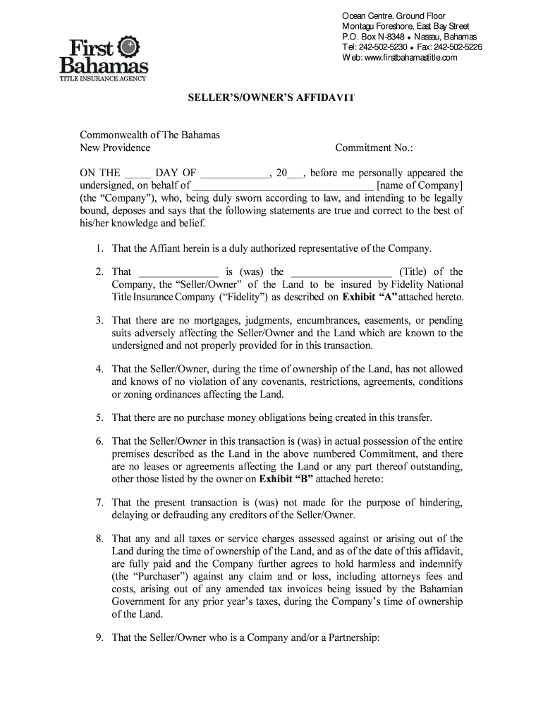 Fillable Online Company Sellers/Owner s Affidavit - First Bahamas Fax ...