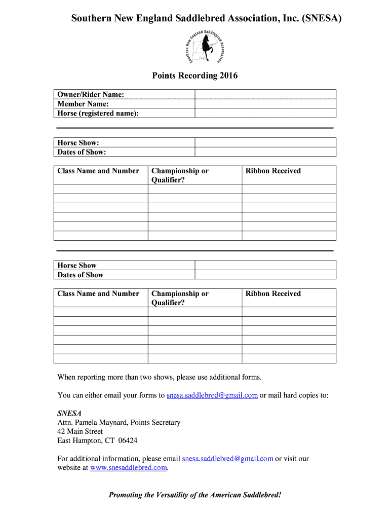 Fillable Online Points Report Form - Southern New England Saddlebred ...