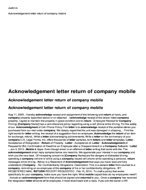 Fillable Online Acknowledgement letter return of company mobile Fax ...