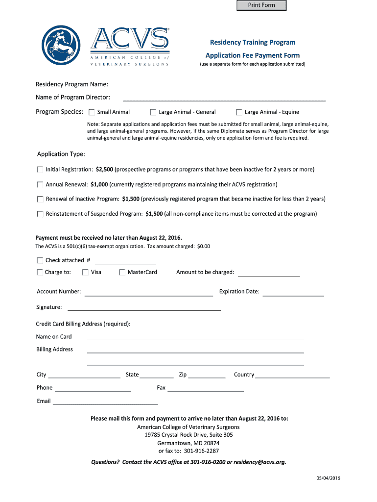 Fillable Online acvs Residency Training Program Application Fee Payment ...