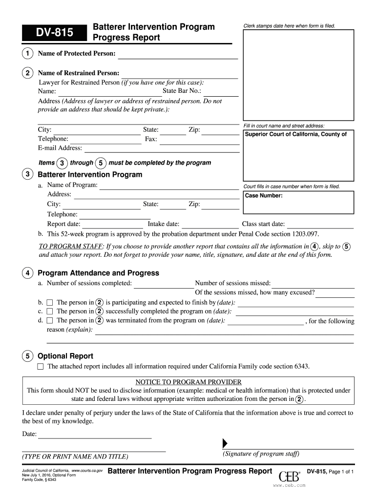 Fillable Online DV-815 Batterer Intervention Program Progress Report ...