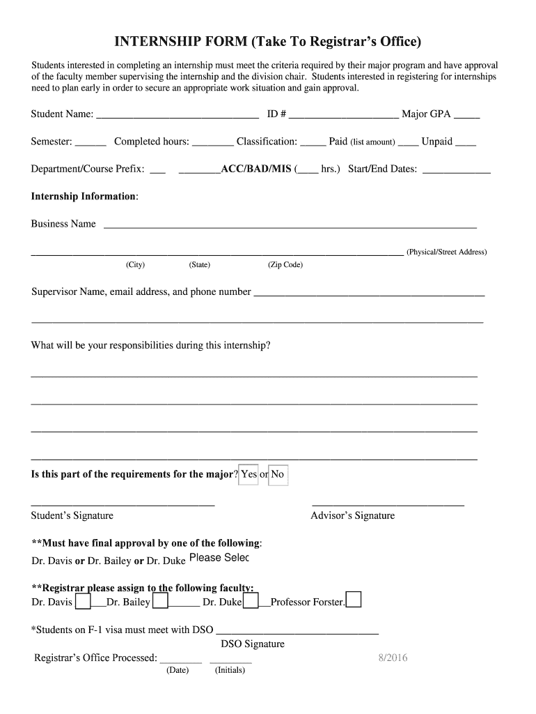 Fillable Online williamwoods INTERNSHIP FORM (Take To Registrar s ...