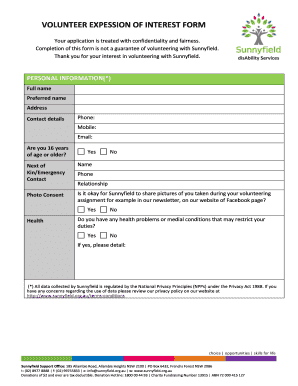 Fillable Online sunnyfield org VOLUNTEER EXPESSION OF INTEREST FORM Fax Email Print - pdfFiller