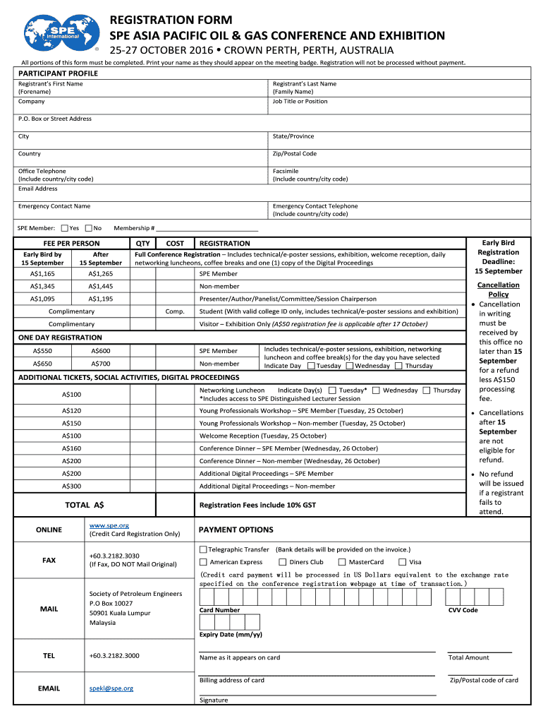 Fillable Online spe REGISTRATION FORM SPE ASIA PACIFIC OIL GAS ...