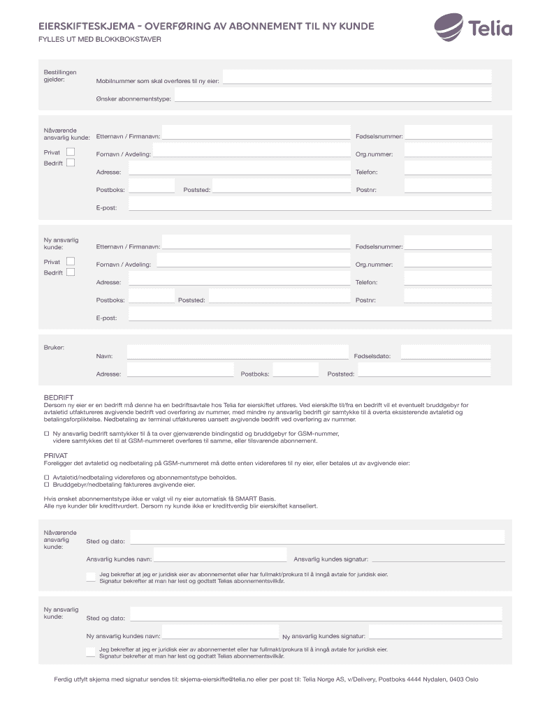 Telia Abonnement Transfer Form - Blank Fillable Template | Fill Out ...