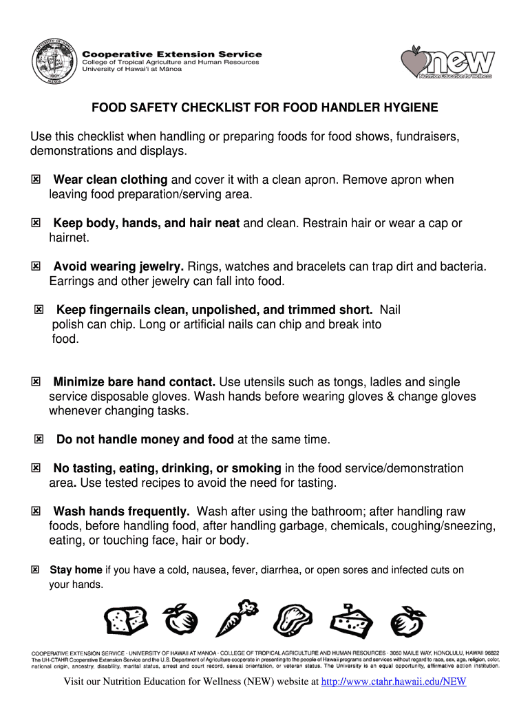 Fillable Online FOOD SAFETY CHECKLIST FOR FOOD HANDLER HYGIENE Fax ...