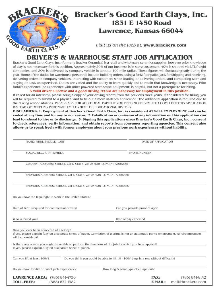 Fillable Online DRIVER S & WAREHOUSE STAFF JOB APPLICATION Fax Email ...
