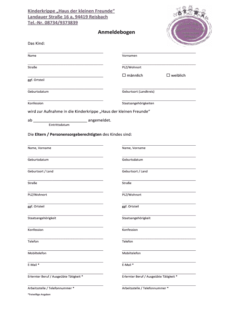 Fillable Online reisbach Anmeldebogen Kinderkrippe ge ndert SEPA 22.02 Fax Email Print - pdfFiller
