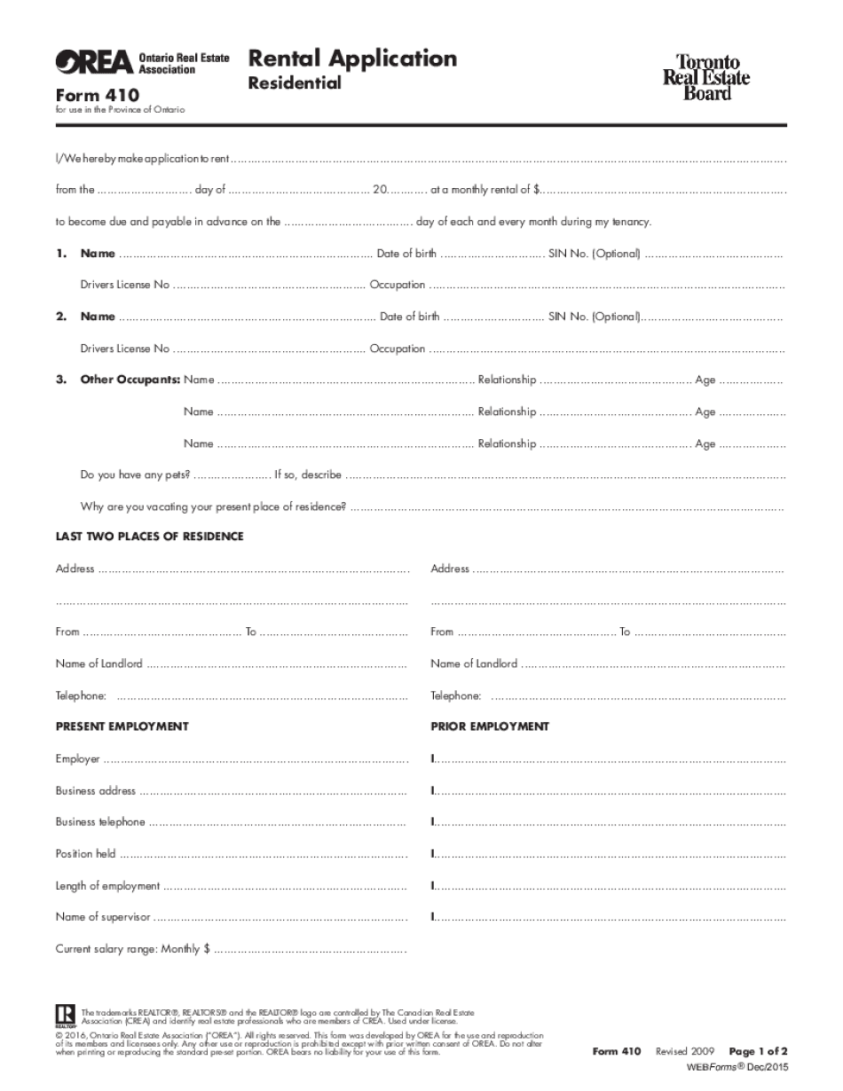 Rental Application Ontario Printable Blank PDF Online