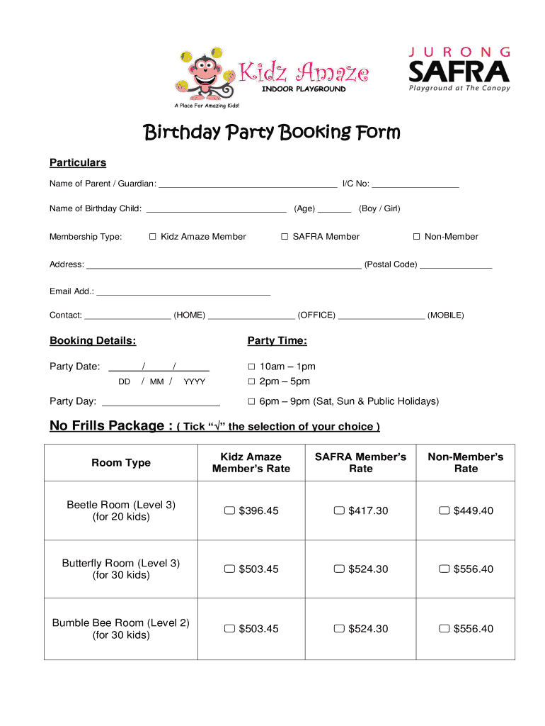 Fillable Online safra Birthday Party Booking Form - safra.sg Fax Email ...