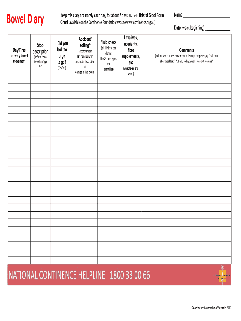 Fillable Online continencexchange org Bowel Diary - Australian ...