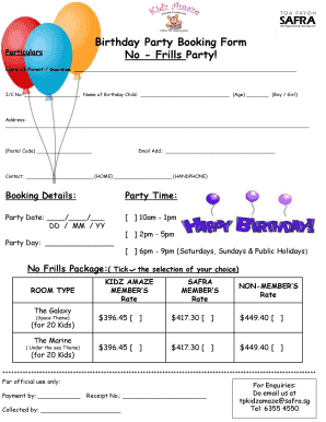 Fillable Online safra Birthday Party Booking Form No - Frills Party ...