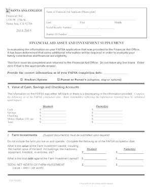 Fillable Online sac FINANCIAL AID ASSET AND INVESTMENT SUPPLEMENT Fax ...