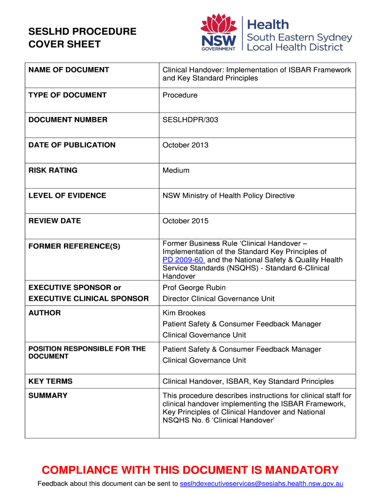 Fillable Online Clinical Handover: Implementation of ISBAR Framework ...