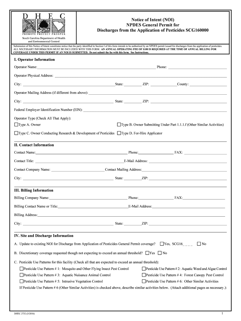 Fillable Online scdhec (NOI) NPDES General Permit for Discharges from ...