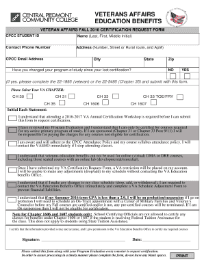 Fillable Online cpcc VETERANS AFFAIRS EDUCATION BENEFITS - cpcc.edu Fax Email Print - pdfFiller