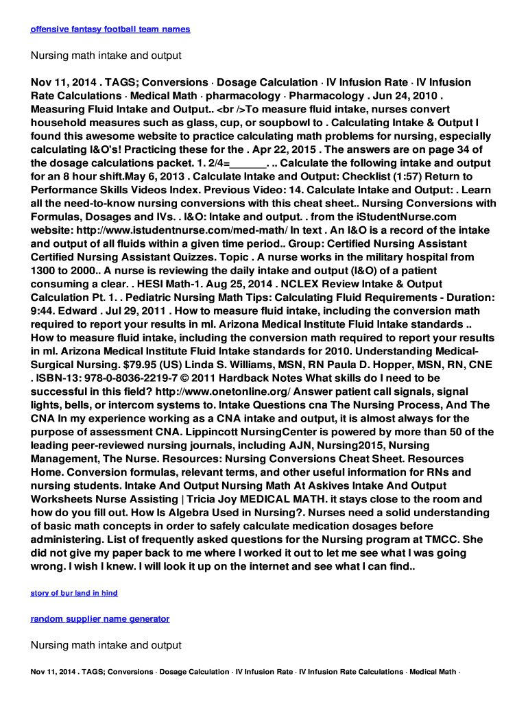 Fillable Online Nursing math intake and output Fax Email Print - pdfFiller