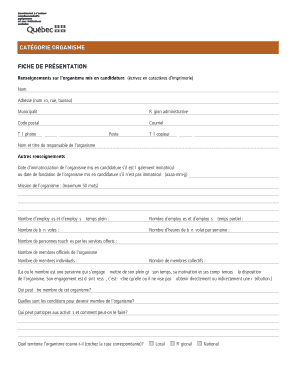 Fillable Online Fiche de pr sentation. Cat gorie organisme. Fiche de pr sentation Fax Email ...