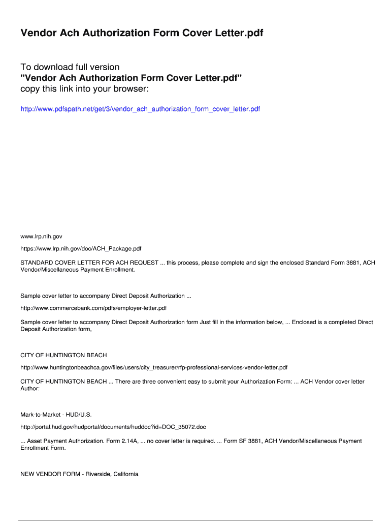 Fillable Online Vendor Ach Authorization Form Cover Letter Fax Email ...