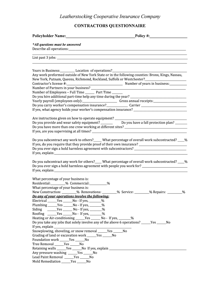 Fillable Online Contractors Questionnaire - Leatherstocking Cooperative ...