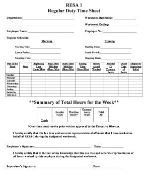 Fillable Online resa1 wvnet RESA 1 Regular Duty Time Sheet **Summary of ...