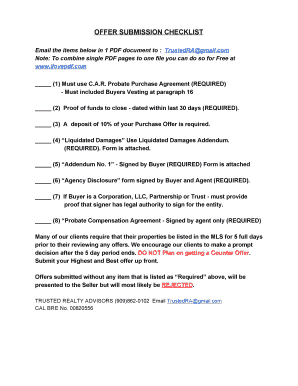 Fillable Online OFFER SUBMISSION CHECKLIST - Trusted Realty Advisors ...