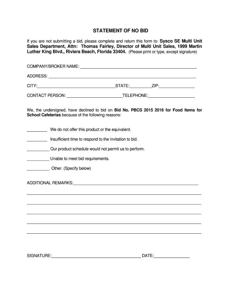 Fillable Online wcms palmbeachschools STATEMENT OF NO BID - School ...