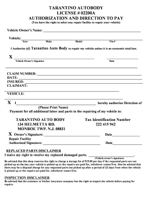 Fillable Online AUTHORIZATION AND DIRECTION TO PAY - tarantinoautobody ...