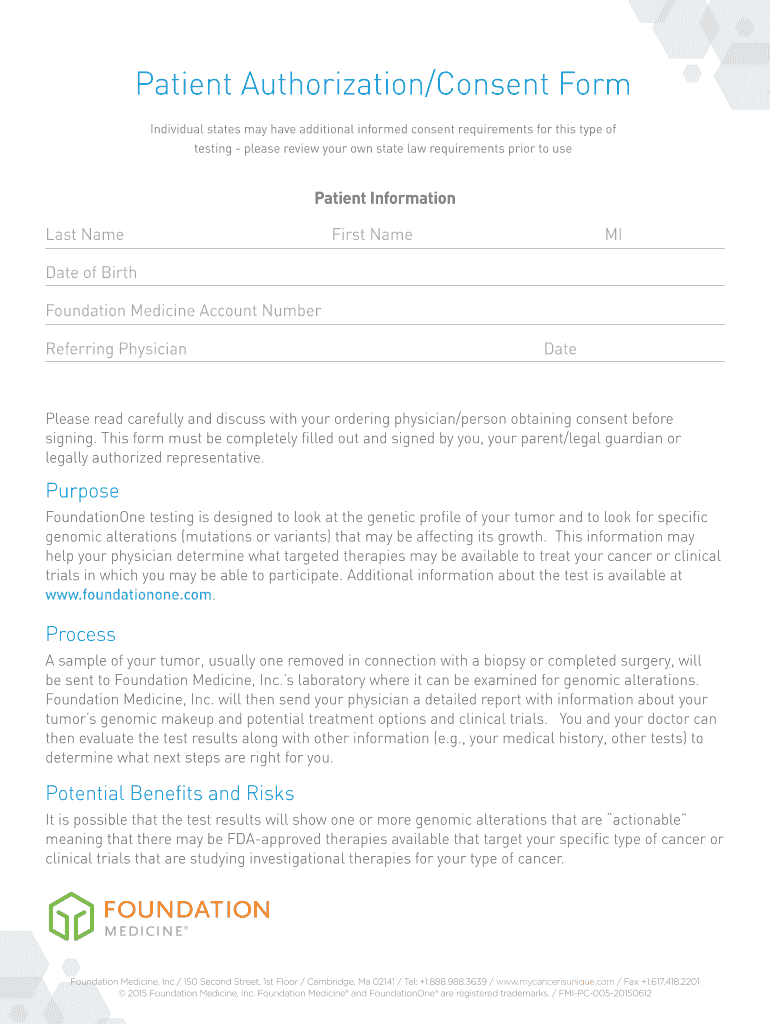 Fillable Online Patient Authorization/Consent Form - foundationone.com ...