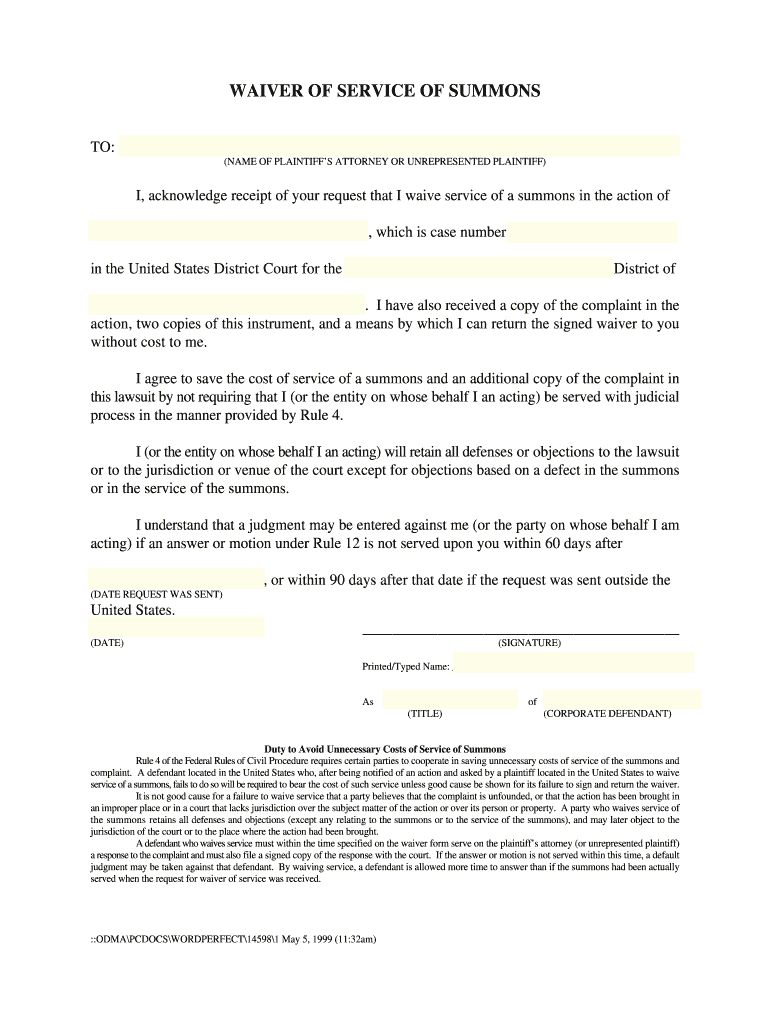 Fillable Online casd uscourts WAIVER OF SERVICE OF SUMMONS - casd ...