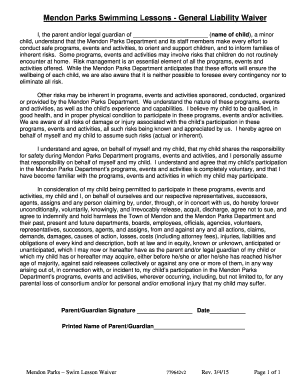 Fillable Online Mendon Parks Swimming Lessons - General Liability ...