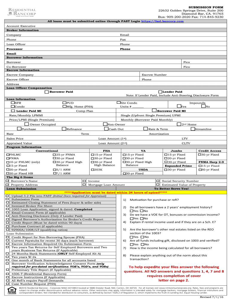 Fillable Online SUBMISSION FORM 22632 Golden Spr ings Dr ve, uite 200 Di ... Fax Email Print ...