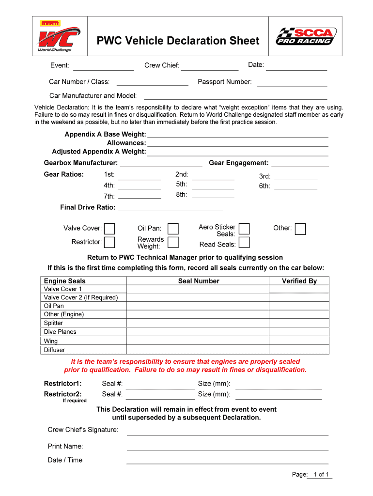 Fillable Online PWC Vehicle Declaration Sheet - Pirelli World Challenge ...