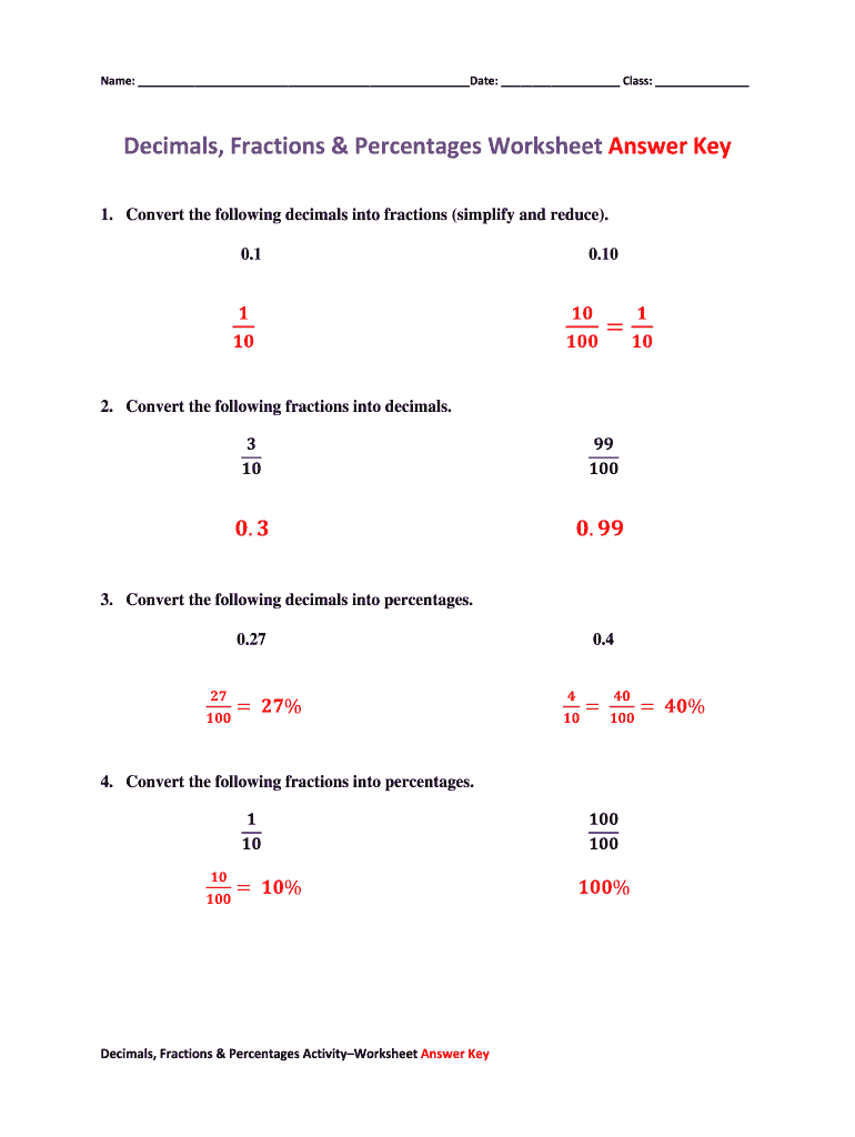 Fillable Online Decimals, Fractions & Percentages Worksheet Answer Key ...