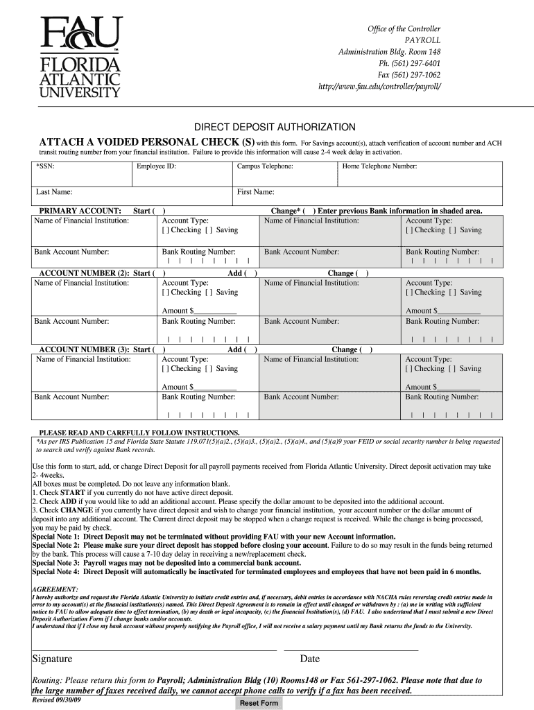 Fillable Online fau DIRECT DEPOSIT AUTHORIZATION ATTACH A VOIDED PERSONAL ... Fax Email Print ...