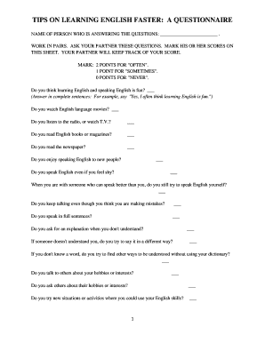 Fillable Online TIPS ON LEARNING ENGLISH FASTER: A QUESTIONNAIRE Fax ...
