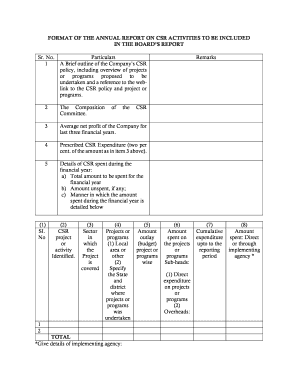 Fillable Online FORMAT OF THE ANNUAL REPORT ON CSR ACTIVITIES TO BE INCLUDED Fax Email Print ...