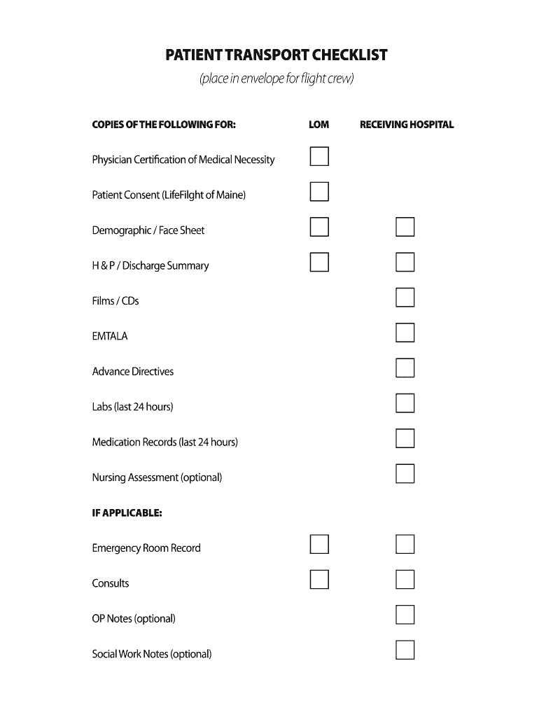 Fillable Online lifeflightmaine PAtIent tRAnsPoRt cHecKLIst ...
